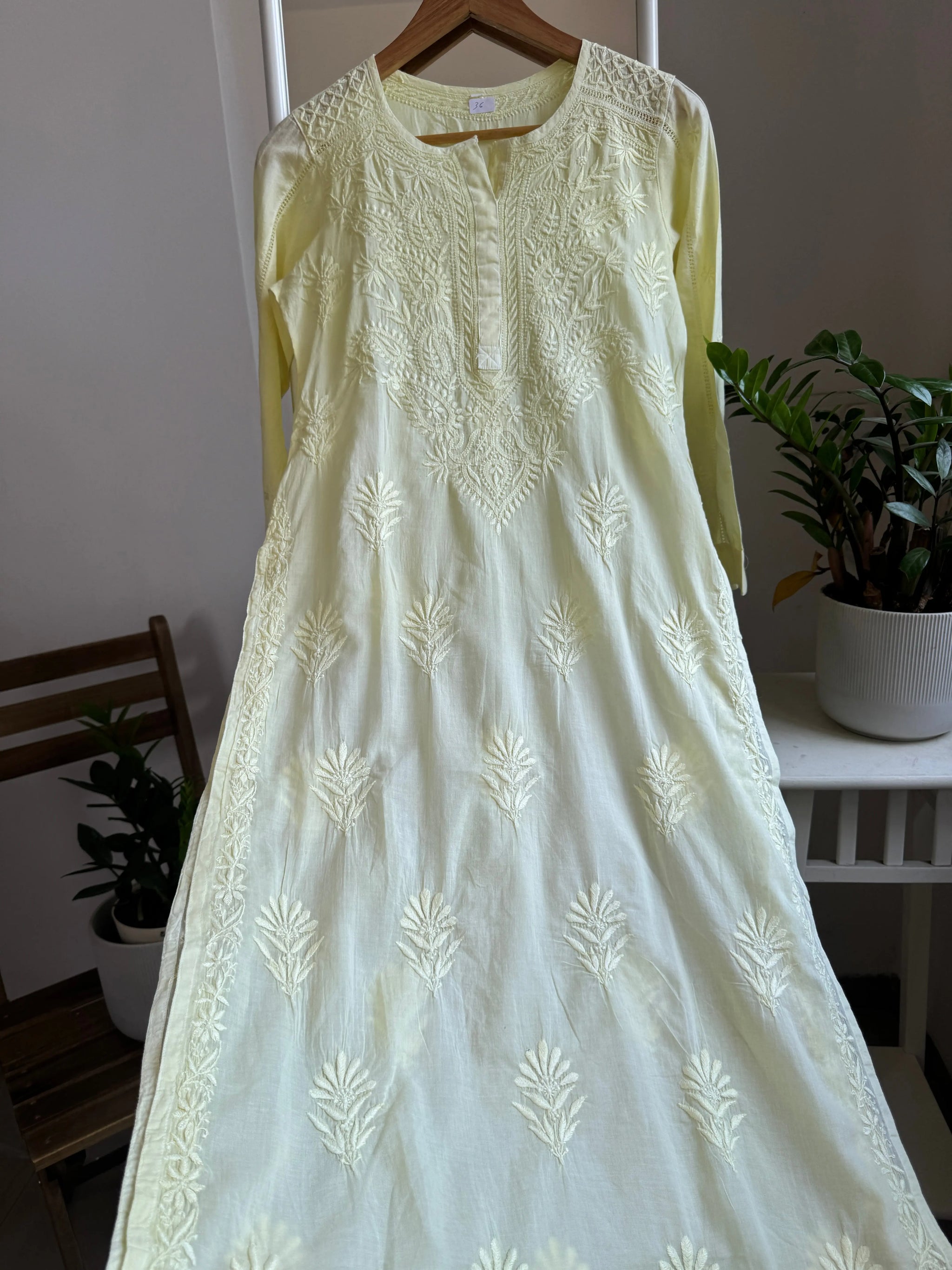 Mul Cotton Lemon Yellow Chikankari Kurti - Saaz Collection - ARIAA CHIKANKARI