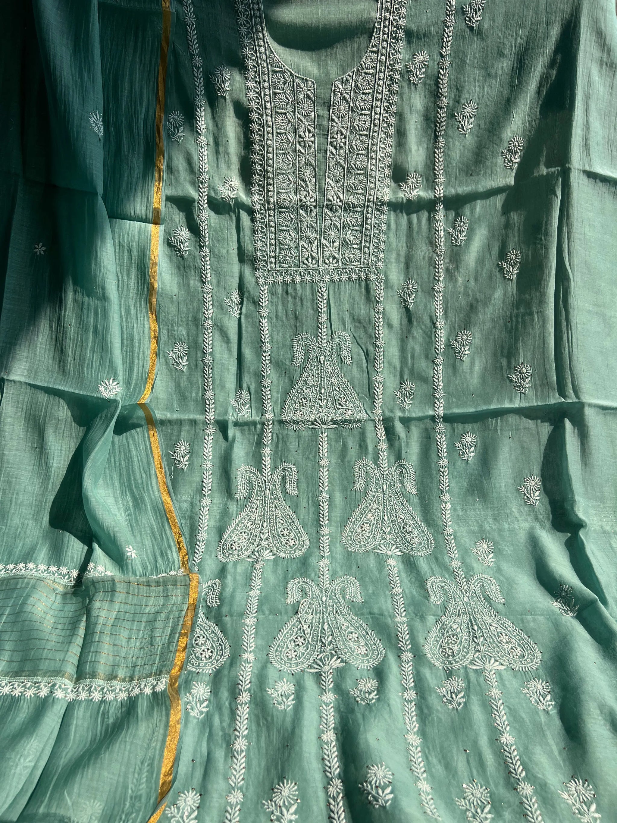 Mul Chanderi Length with Dupatta - Teal Blue- ARIAA CHIKANKARI
