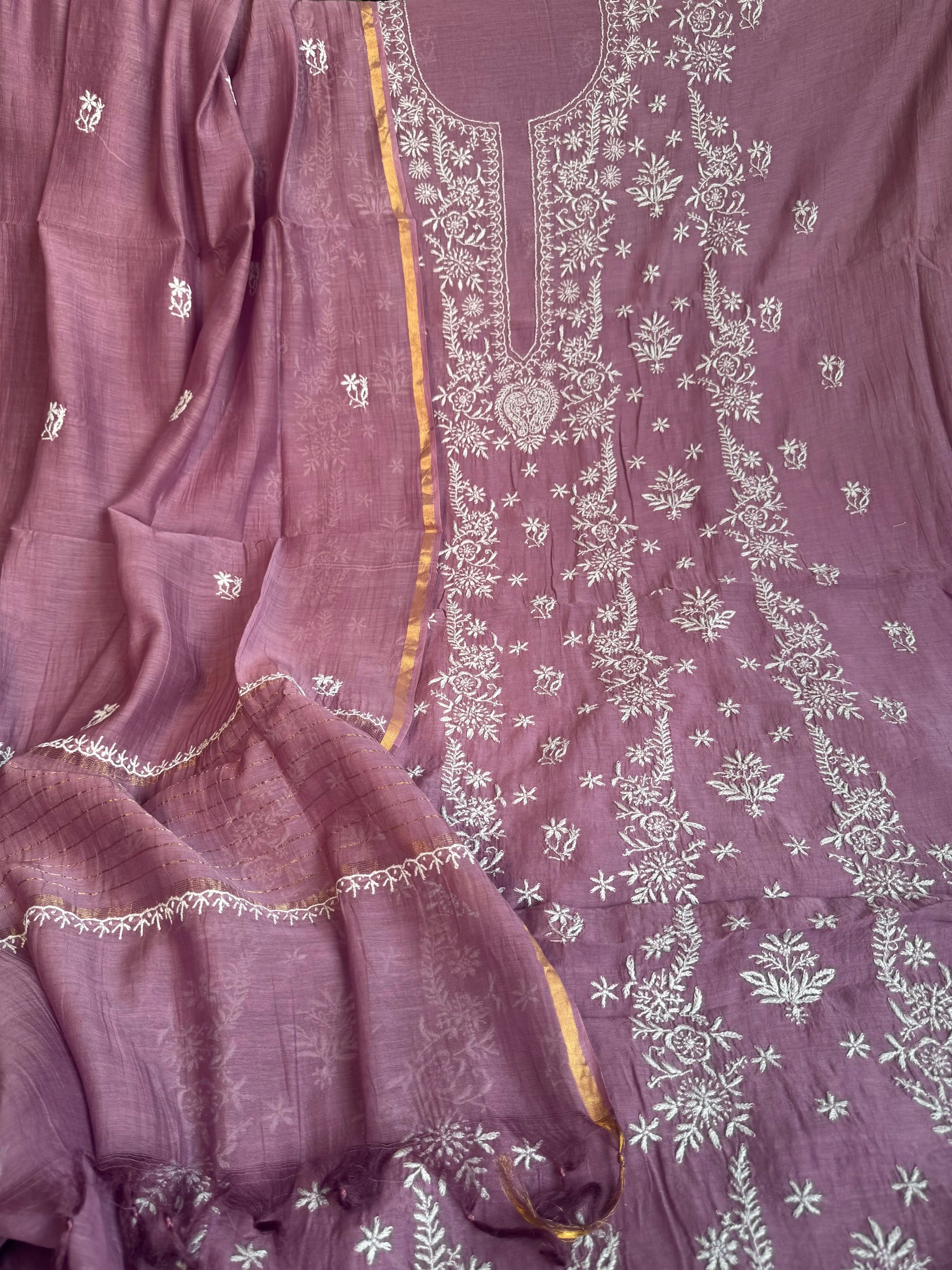 Mul Chanderi Length with Dupatta -Purple - ARIAA CHIKANKARI