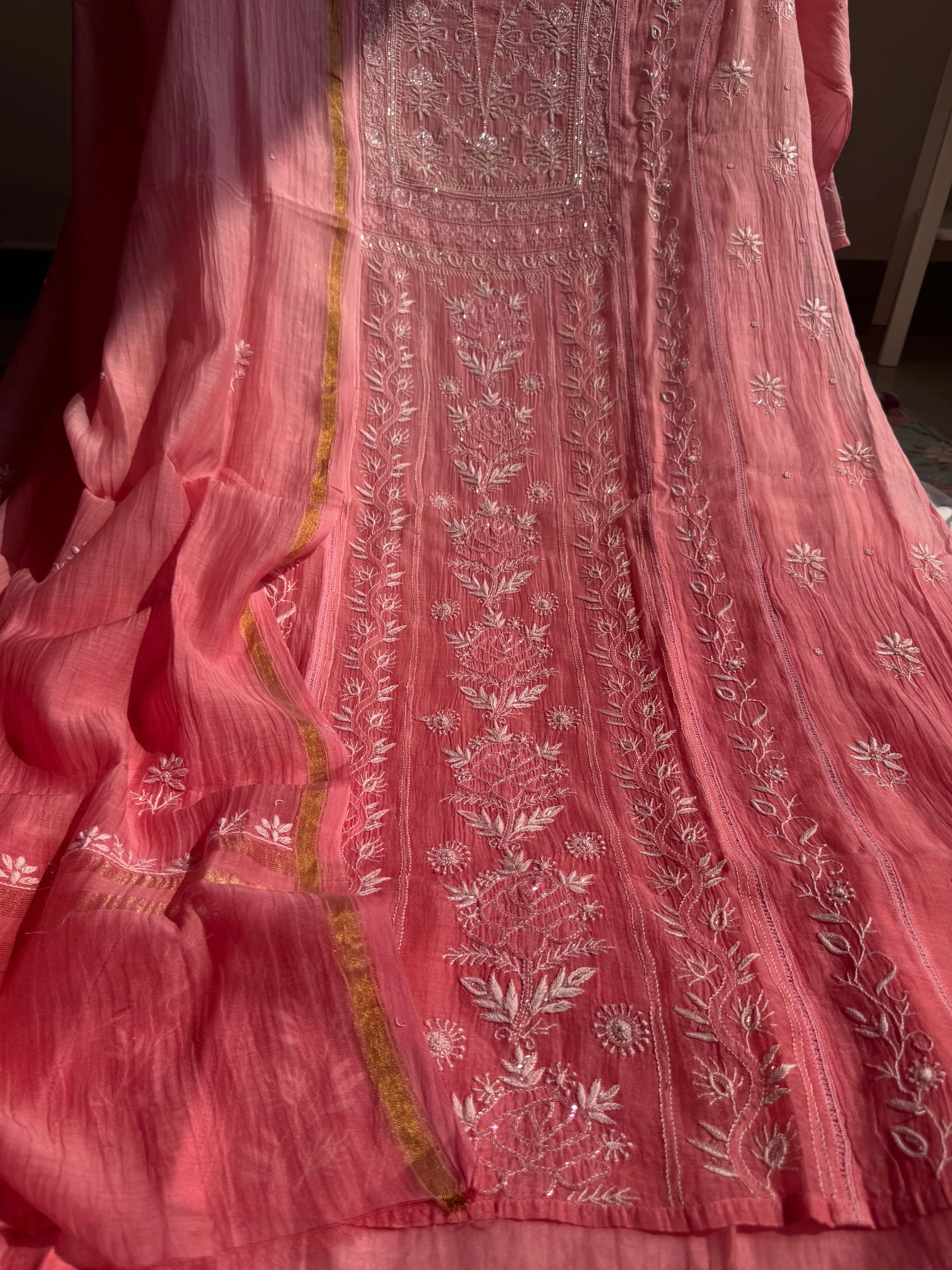 Mul Chanderi Chikankari Anarkali - Pink Ombre - ARIAA CHIKANKARI